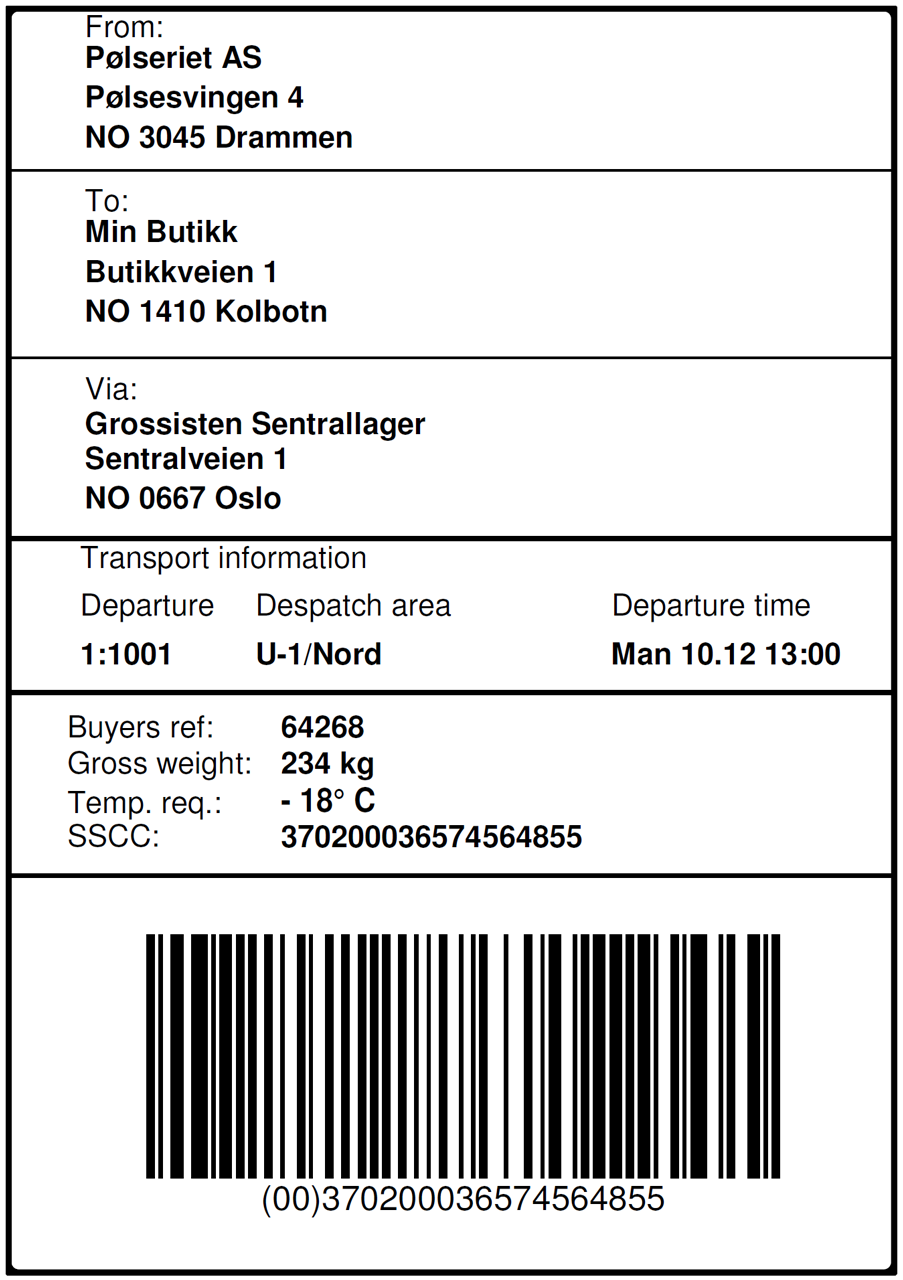 150 Transport information on pallet with example of transport label – Stand